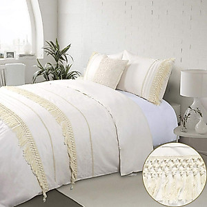 YINFUNG Tassel Duvet Cover Set Queen Fringed Cotton Boho Macrame Crochet Ivory Cream Fringed Elegant Pretty Boho Chic Bohemian Off White Bedding Set 90x90 Textured 3Pieces Quilt Cover Beige Women