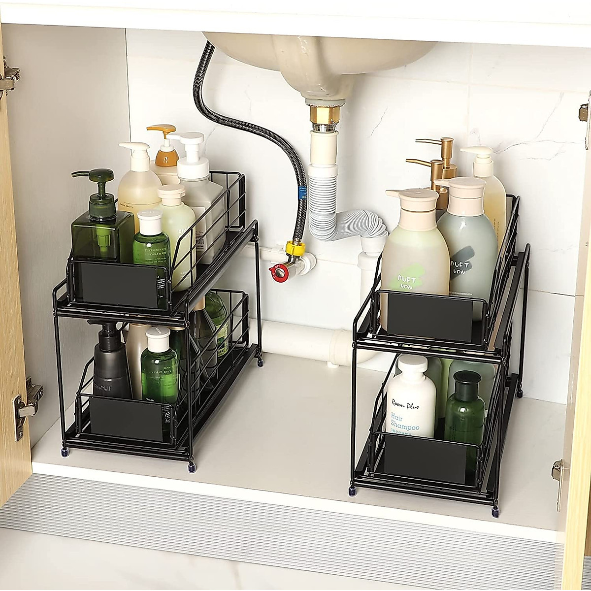 2 Pack - 2-Tier Under Sink Cabinet Organizer with Sliding Storage Drawer, Spice Rack, Pull Out Cabinets Organizer Shelf Baskets, for Kitchen, Pantry, Under The Sink, Cabinet, Bathroom, Black