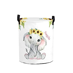 Personalized Custom Sunflower Elephant Laundry Baskets with Name Collapsible Clothes Storage Basket with Handle for Bathroom Bedroom Kitchen