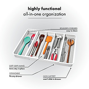 madesmart Expandable Utensil Tray-White | Classic Collection | 5-Compartments | Kitchen Organizer | Soft-Grip Lining and Non-Slip Rubber Feet | Easy to Clean | BPA-Free