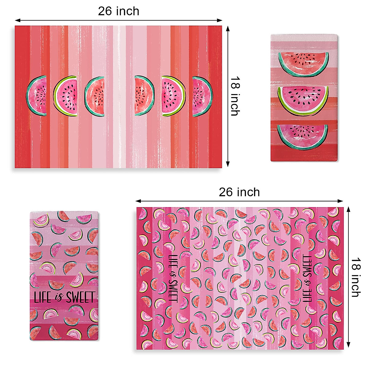 Seliem Summer Life is Sweet Watermelon Kitchen Dish Towel Set of 2, Red Pink Stripes Hand Towel Drying Baking Cooking Cloth, Spring Seasonal Farmhouse Home Kitchen Decor 18x26 Inch