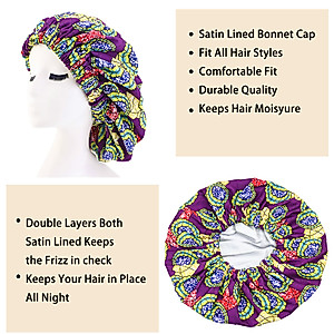 6 Packs Double Layer Satin Bonnet for Women Silk African Print Sleep Cap Head Scarf Large Head Wrap Soft Night Sleeping Hat Adjustable for Long Curly Natural Hair Braids