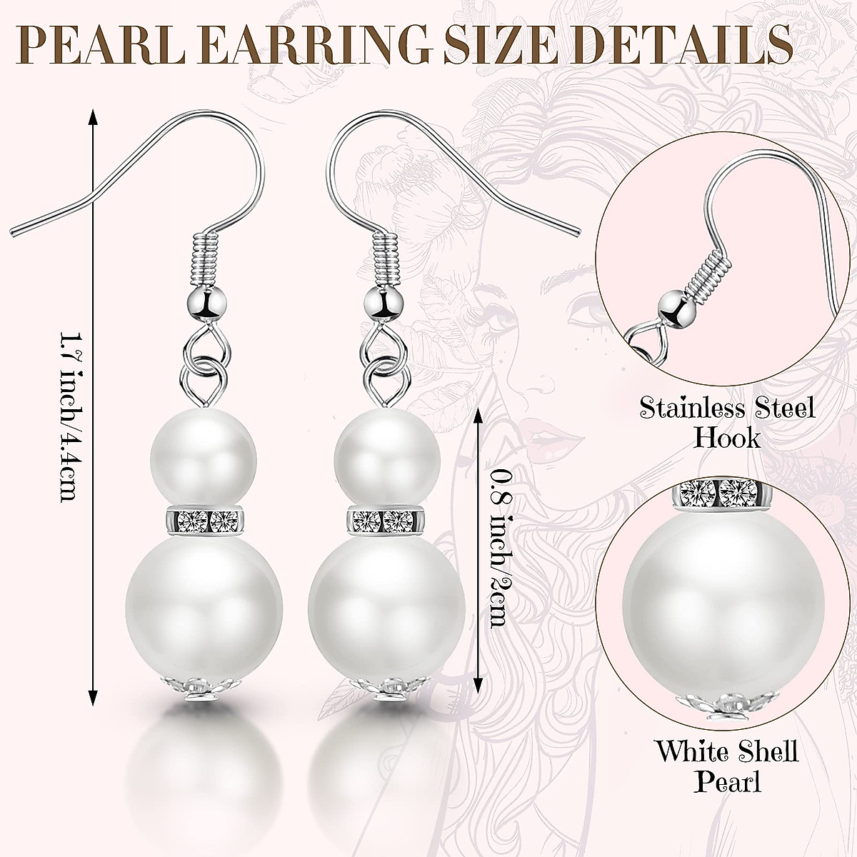 Junkin Faux Pearls Necklace Earrings Set Wedding Pearl Bracelet 1920s Simulated Pearls Accessories Vintage Valentine's Day Costume Jewelry for Brides Women(Cute Style)