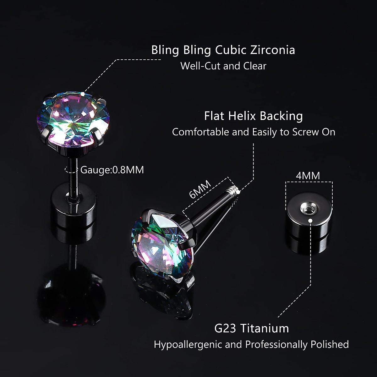 Jstyle Screw Back Stud Earrings Set 20G Surgical Steel Cubic Zirconia Cartilage Piercing Jewelry for Women Men Sensitive Ears CZ Tragus Helix Flat Back Earrings Stud Colorful