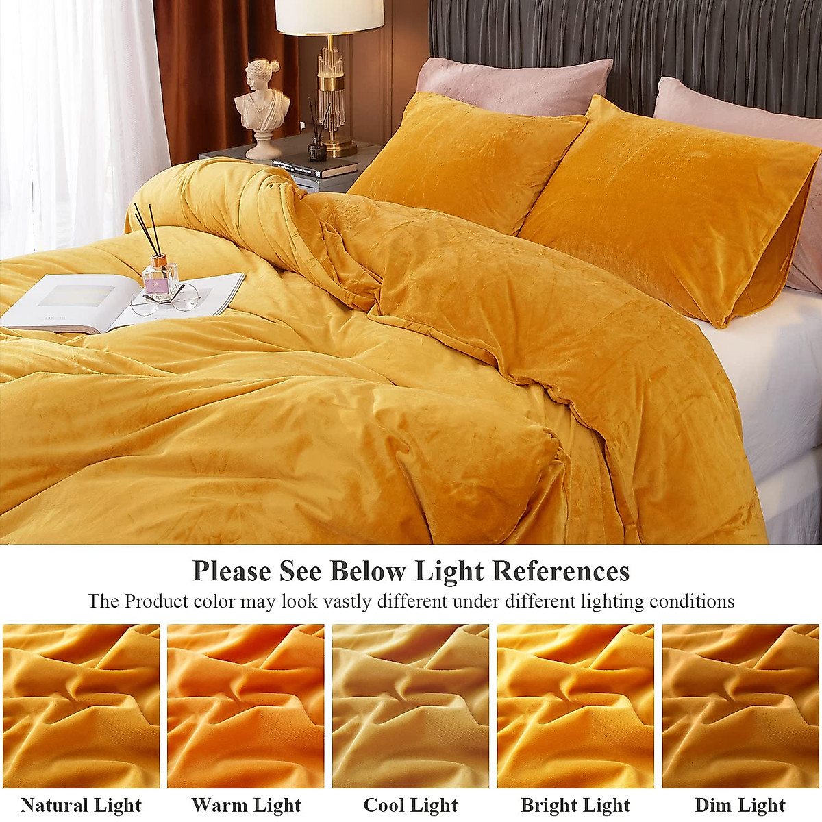 Ivellow Velvet Duvet Cover Queen Set Gold Velvet Duvet Cover Queen Velvet Comforter Cover 3Pcs Ultra Soft Duvet Cover Breathable Solid Luxury Flannel Velour Duvet Cover Zipper Closure Corner Tie