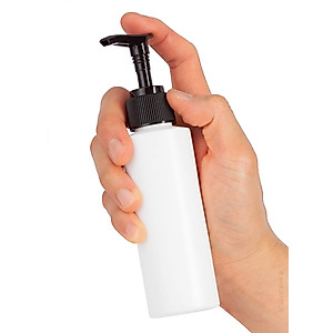4 oz / 120 ml White Plastic HDPE Refillable Cylinder Squeeze Bottle with Black Lotion Pump (6 Pack)