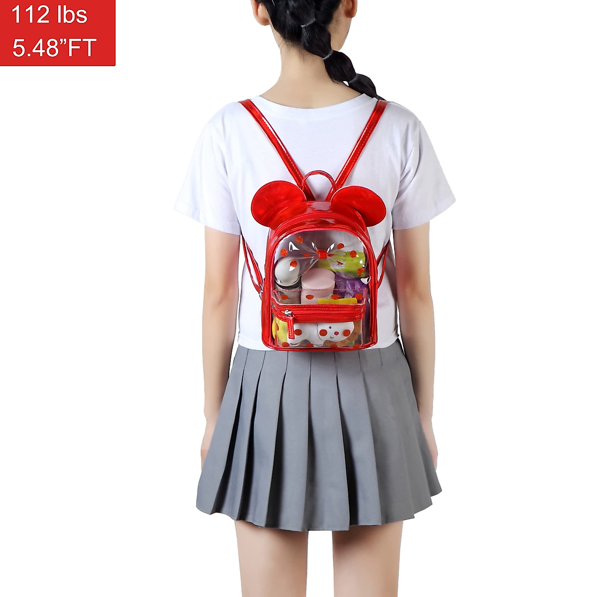 Little Girls Mini Clear Backpack Cute Ears with Glitter Polka Dots Bow Transparent Daypack See-thru Backpack (Pink)