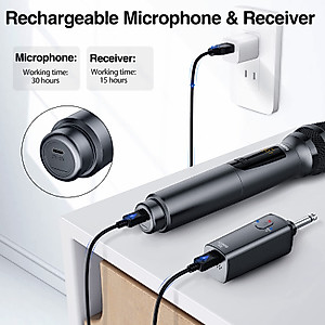 LEKATO Wireless Microphone, K380S Wireless Microphone System Set Dynamic Wireless Microphone Rechargeable Microphone with Receiver for Singing, Karaoke,Speech, Wedding, Church, PA System Speaker