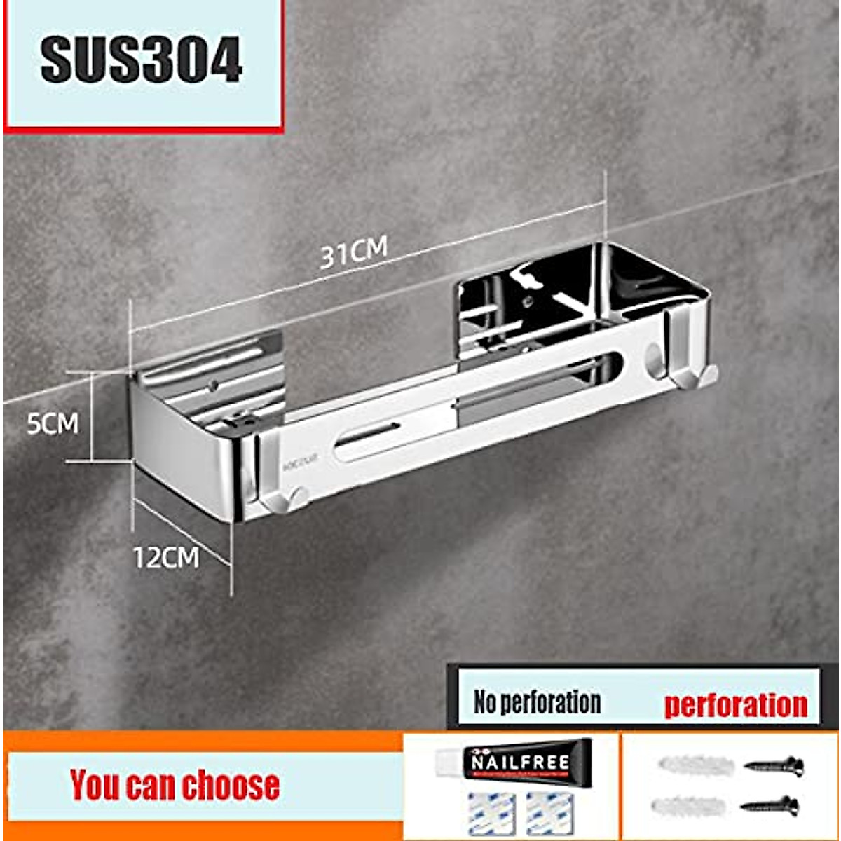 Capricorn Stars Punch-free 2-Pack Shower Rrack Organizer with 4 Hooks Stainless Steel Shampoo Holder Shower Shelf(L12,W4.7,H1.8), Silver