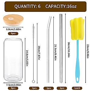 Moretoes Smoothie Cup 6pcs 16oz, Glass Cups with Lids and Straws, Drinking Glasses Set, Cute Tumbler Cup