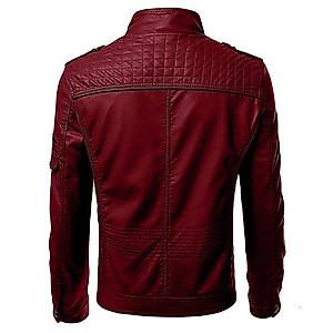 Maiyifu-GJ Slim Motorcycle Jacket for Men Faux Leather Zip Up Windproof Moto Coat Stand Collar Vintage Bomber Outerwear (Red Wine,X-Large)