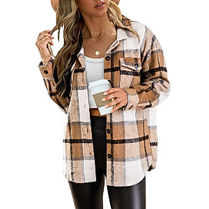 AUTOMET Womens Fall Outfits Fashion Clothes Tops Oversized Flannel Jackets Shirts Button Down Long Sleeve Shacket Blouse 2024 Apricot