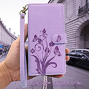 Lacass Compatible with iPhone 13 Pro 6.1 inch 2021 Case [Card Slots] ID Credit Cash Holder Zipper Pocket Detachable Magnet Leather Wallet Cover Wrist Strap Lanyard (Floral Light Purple)