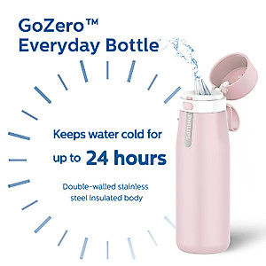 PHILIPS Insulated Stainless Steel Filtered Water Bottle, Replaces 450 Plastic Bottles with 3 GoZero Everyday Water Filters, BPA-Free, Keeps Cold/Hot, 18.6oz Pink