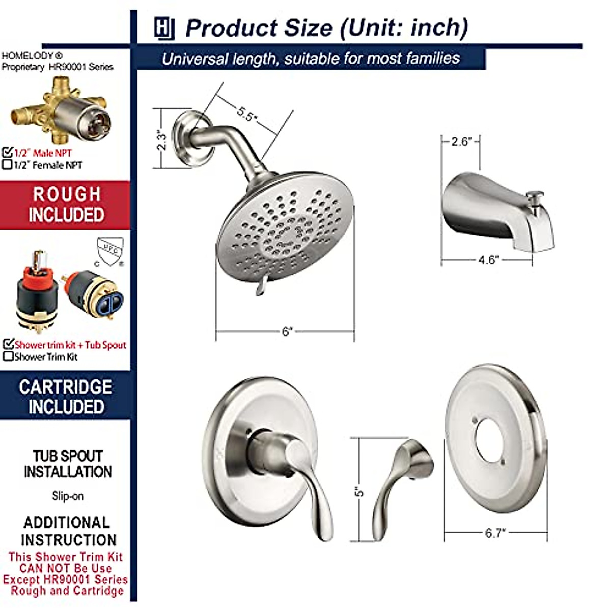 HOMELODY Shower Faucet with Tub Spout Brushed Nickel Shower Faucets Sets Complete 6 Inch Shower Head 5-Function Spray Shower Tub Kit Shower System with Single-Handle Shower Combo