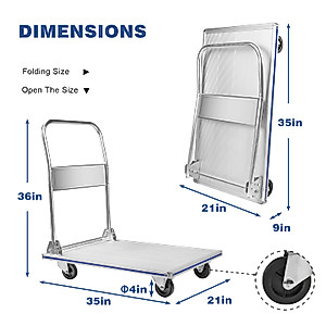LEADALLWAY Platform Truck 35" Lx21 W Large Size Foldable Push Cart Dolly Aluminum Heavy Duty 800lbs Capacity