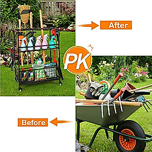 Garden Tool Storage Organizer with Wheels, Yard Tool Stand Holder Racks, Garage Tool Rack, Garden Tool Rolling Cart, Garage Organizers and Storage Hold Garden Tools for Garage Lawn and Outdoor