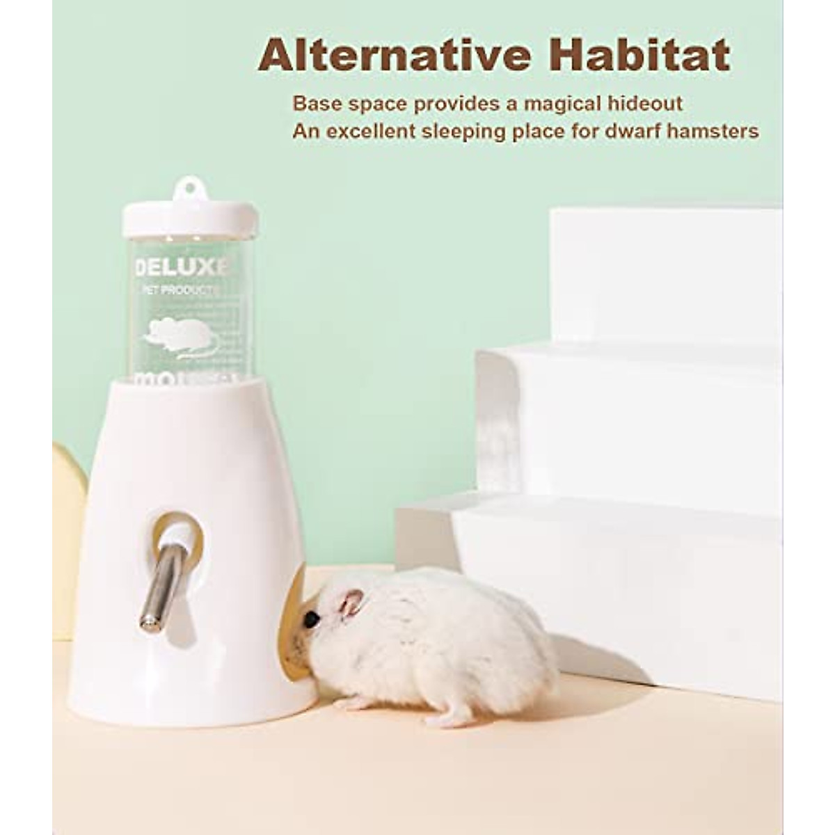 Hamster Water Bottle with Stand, Small Animal Water Dispenser, with Hideout Space, Leak-Proof, for Dwarf Hamsters