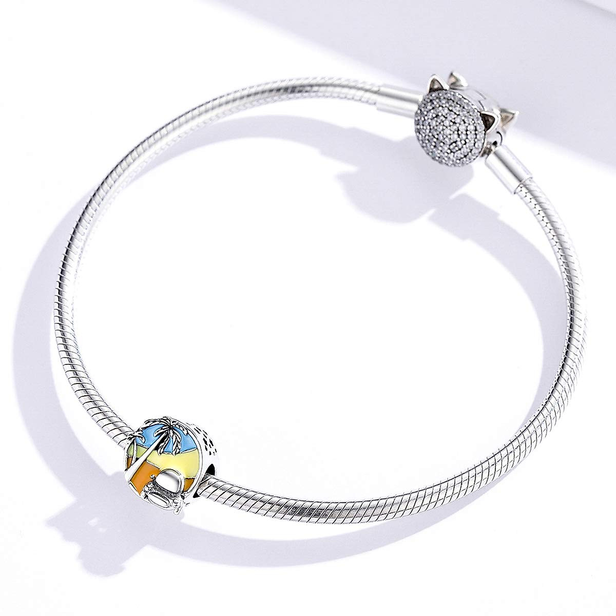 I Love Summer Charm Heart Charm,925 925 Sterling Silver Holiday at the Beach Charm fit Fashion Pandora Style Bracelet (Silver Palm tree & Summer Journey)