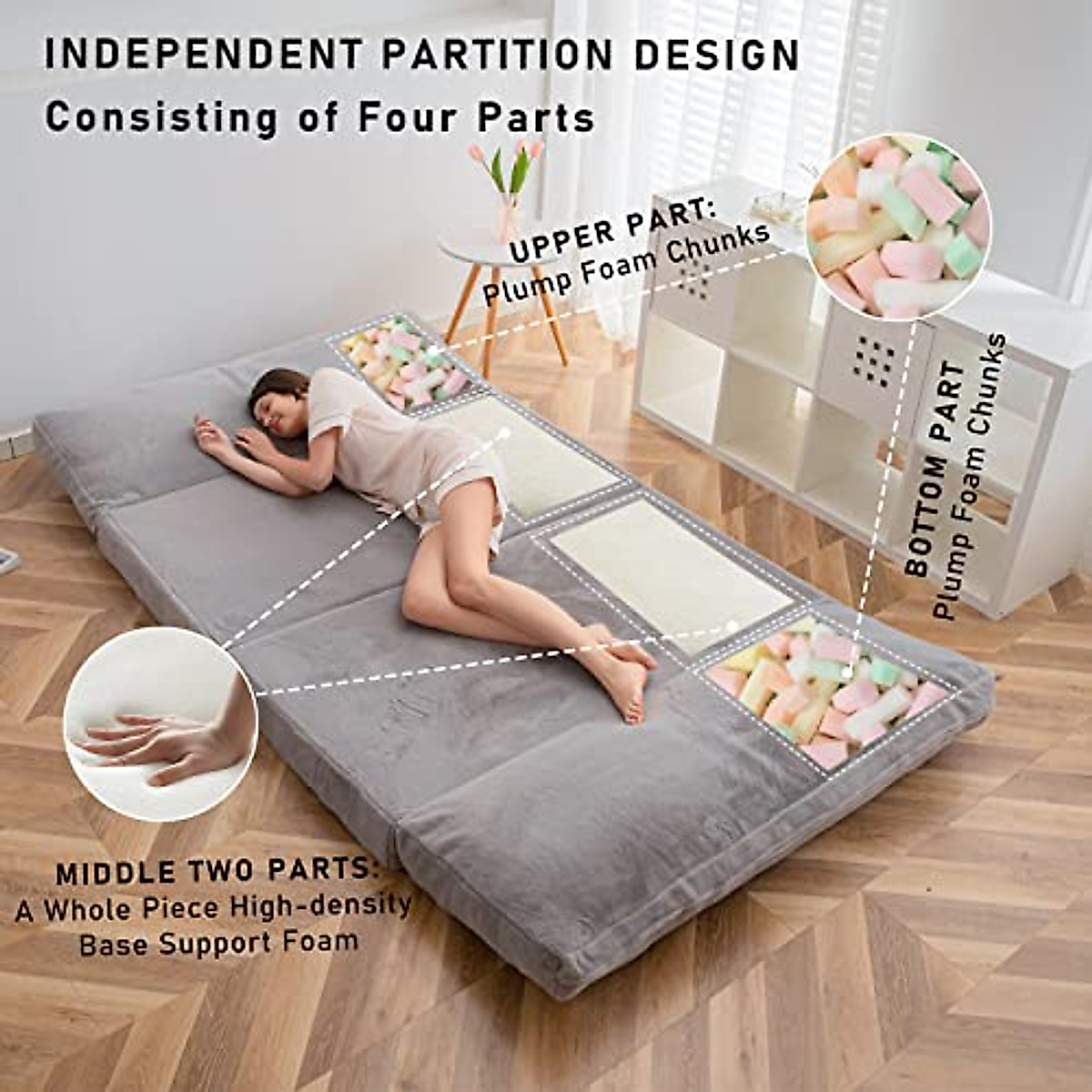 MAXYOYO Bean Bag Bed Folding Sofa Bed Floor Mattress for Adults, Extra Thick and Long Floor Sofa with Faux Fur Washable Cover, Single Floor Couch Bed for Bedroom Living Room, Grey, 30x95 Inch