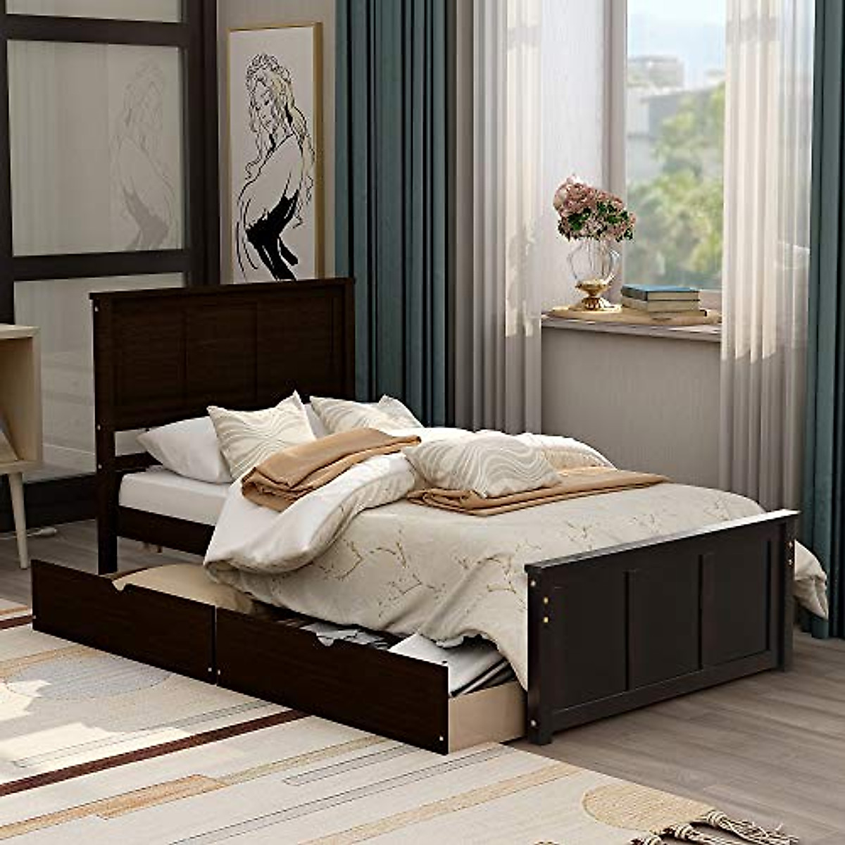 FIQHOME Twin Bed with Drawers,Platform Storage Bed, 2 Drawers with Wheels,Wood Bed Frame with Headboard and Footboard,Twin Size Frame, Espresso