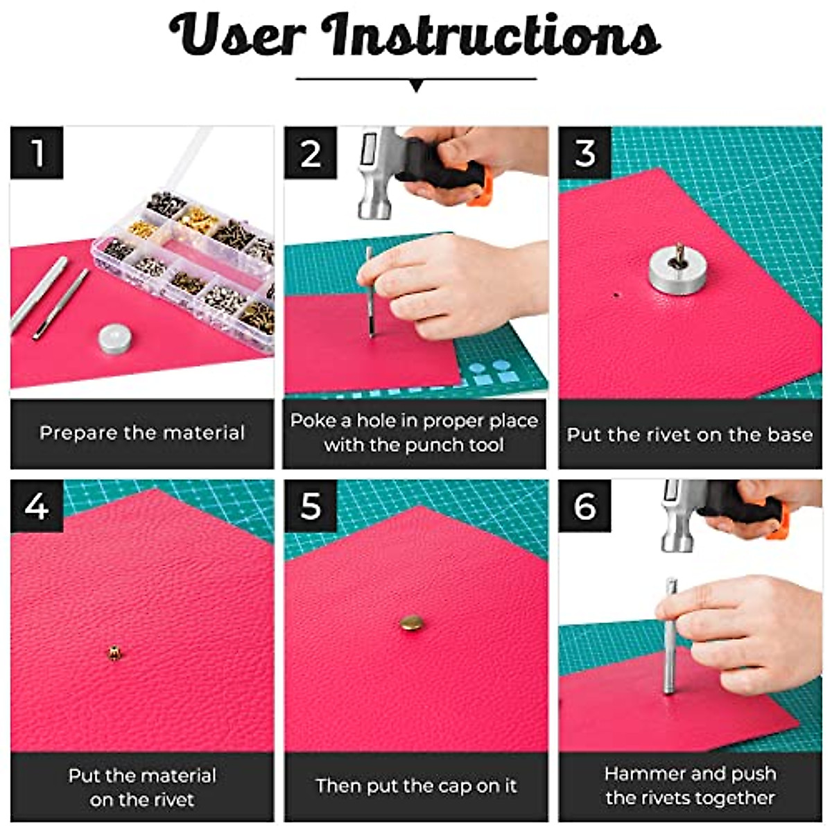 420 Sets Leather Rivets Kit, Double Cap Brass Rivets Leather Studs with 3PCS Setting Tools for Leather Repair and Crafts, 4 Colors and 3 Sizes