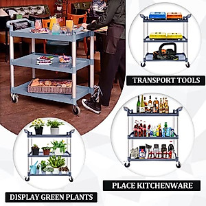 BRLJUNEO Plastic Utility Carts with Wheels, 3-Tier Large Size Restaurant Food Cart, Heavy Duty 600lbs Capacity Rolling Service Cart w/Hammer for Commercial, Kitchen, Office (Lockable Wheels, L-Grey)