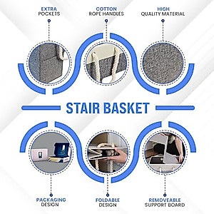 OZZEN Staircase Basket for Carpeted and Wooden Stairs with Two Pockets and Two Linen Bags - 16" L x 10" W x 16" H - Stair Basket with Handle and Foldable - Stair Organizer for Home Harmony