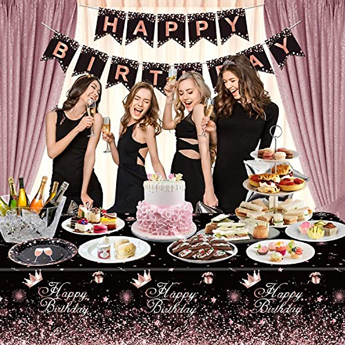 Inspireyee Black Rose Gold Plastic Tablecloth (Pack of 4), 86 x 51 inches Black Rose Gold Party Tablecovers for Black Rose Gold Theme Birthday Party Supplies (Black Rosegold