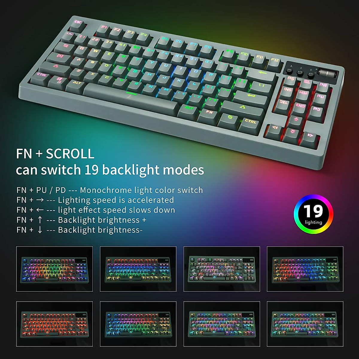 ZJFKSDYX MK87 Wireless Mechanical Gaming Keyboard and Mouse, RGB Backlit Rechargeable 3600mAh Battery, Mechanical Switch Anti-ghosting Keyboard + 7D 3200DPI Mice for PC Gamer (Blue Switch, Silver).