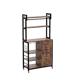 IRONCK Bakers Rack, Microwave Stand with Power Outlets, Kitchen Storage with Wheels & Feet, Coffee Station with Cabinets and 10 S-Hooks, Vintage Brown
