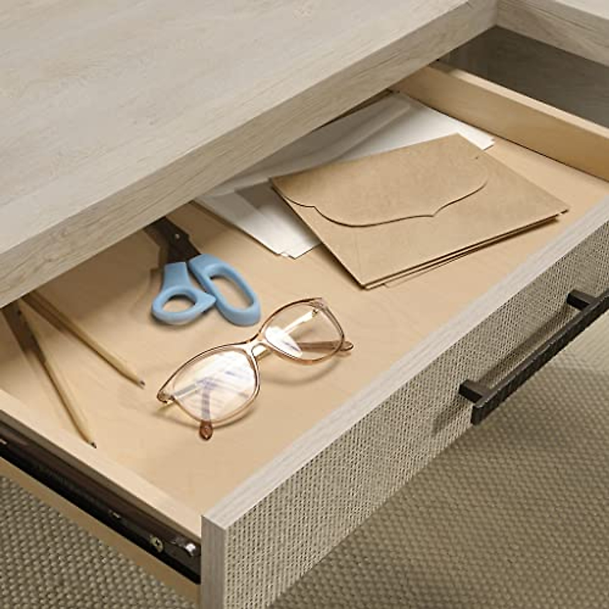 Sauder Pacific View L-Desk, L: 58.47" x W: 58.43" x H: 29.92", Chalked Chestnut Finish