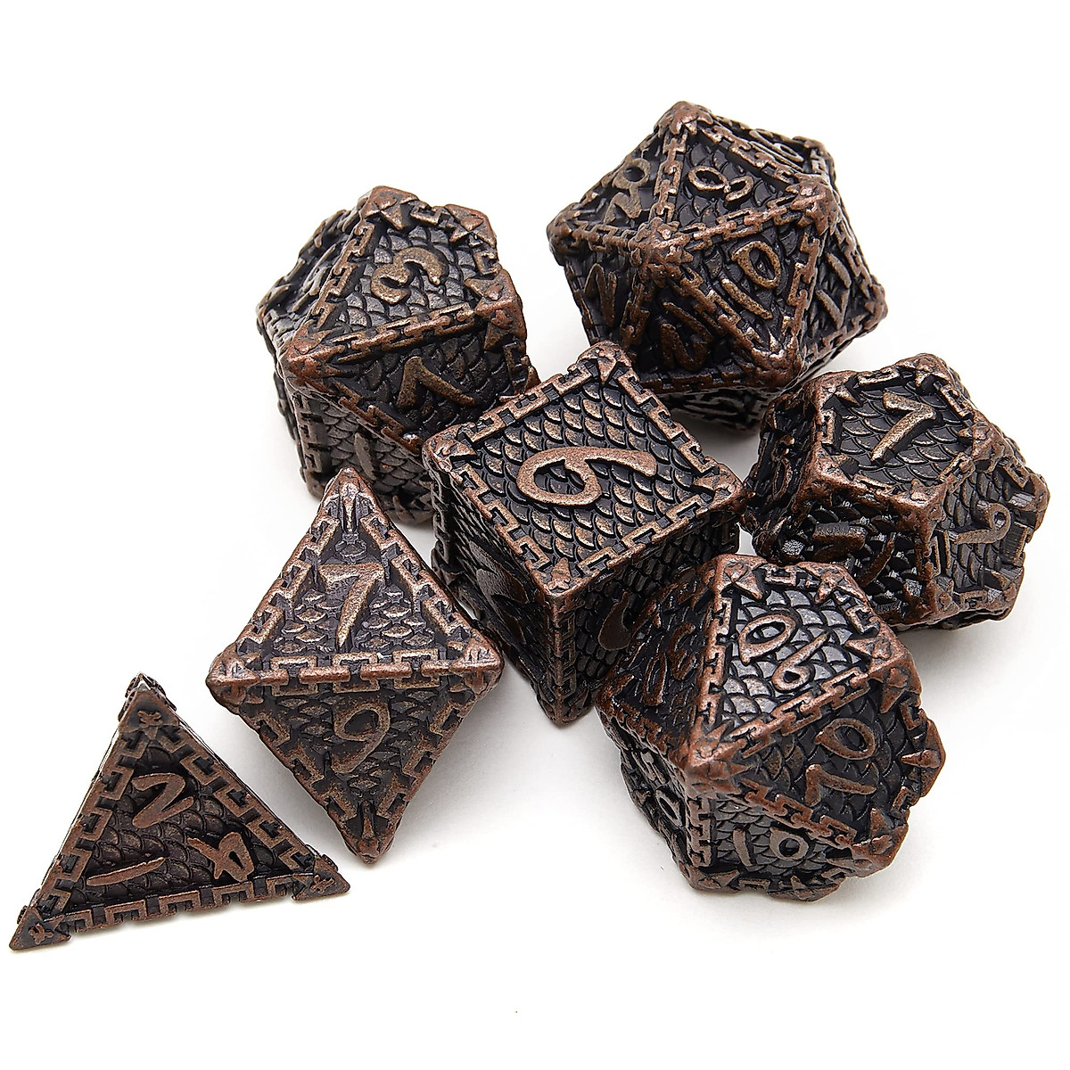 Tbrand Metal dice 7-Piece polyhedral Dragon Scale Metal dice Suitable for Dungeons and Dragons RPG dice(Patina), Red
