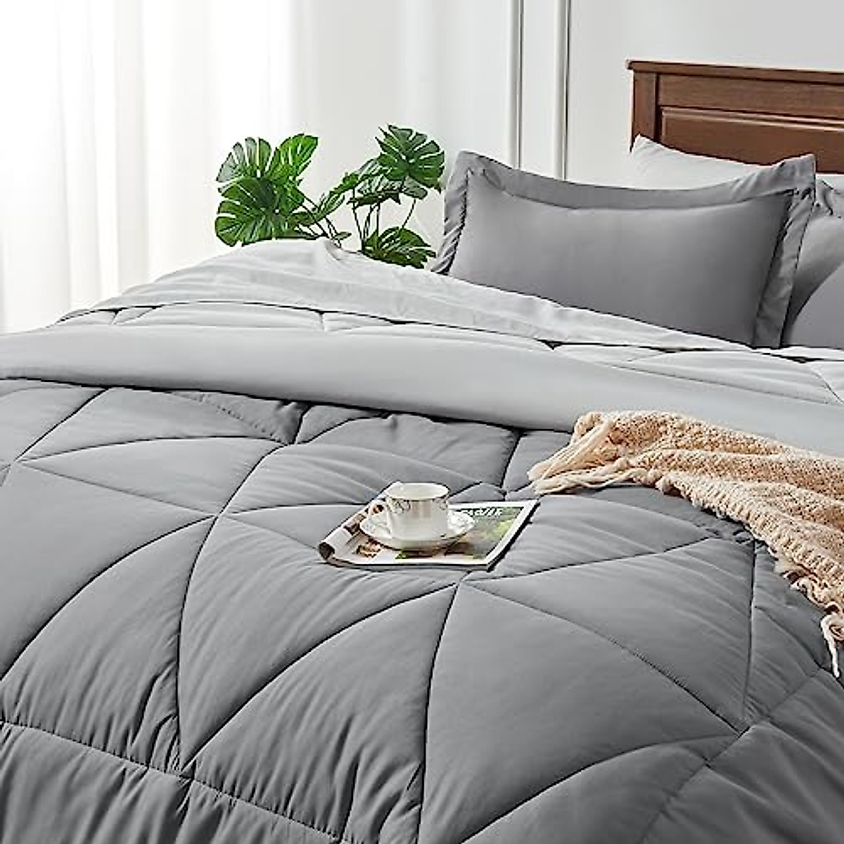BEDELITE Twin XL Comforter Set 5 Pieces Bed in A Bag - Soft Microfiber Reversible Twin Extra Long Grey Bed Set with Comforters, Sheets, Pillowcase & Sham, Cozy Luxury Bedding Sets for All Season