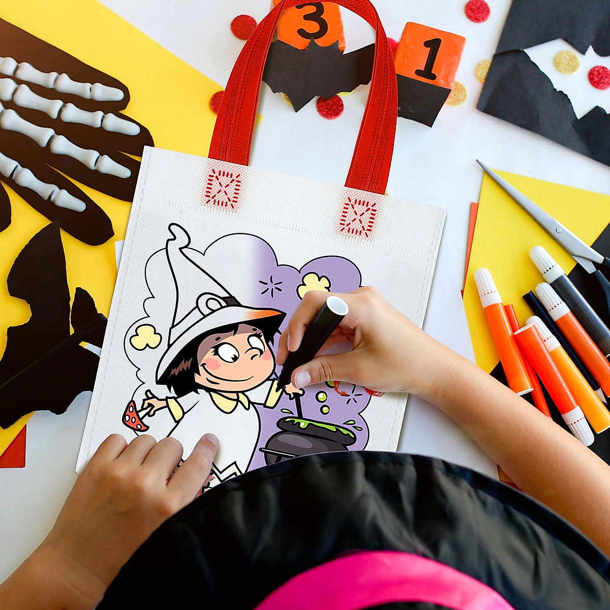 Kacctyen 45 Pcs Cute Coloring Goodie Bags Reusable Halloween Art Party Favor Bags Paint Bags for Kids Halloween Birthday Party Favor Bags Color Your Own Bag Graffiti Goodie Bags, 9 Styles