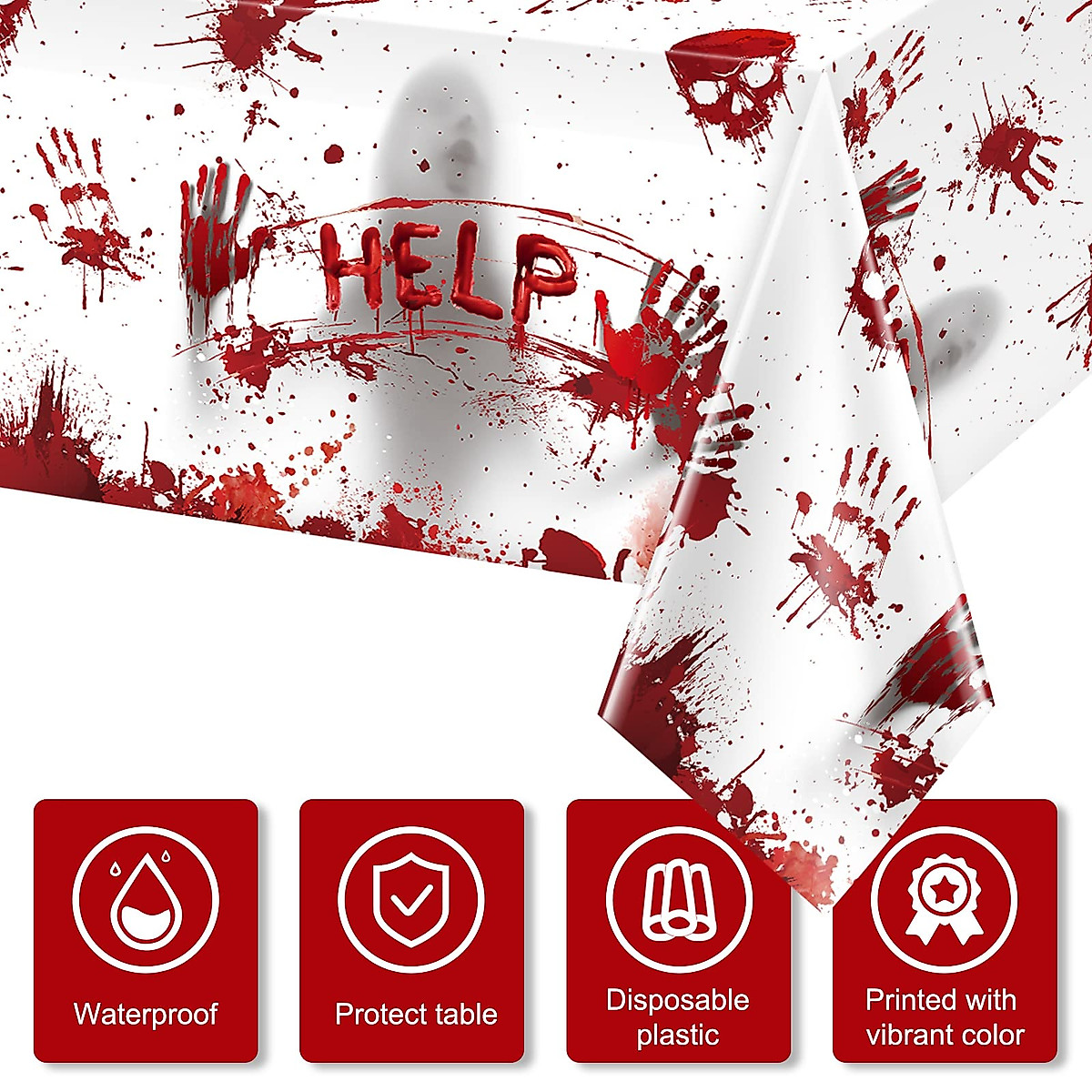 3Pcs Halloween Bloody Handprint Tablecloth Decorations, Plastic Handprints Shadowy Bloody Skull Table Cover Backdrop Banner for Halloween Vampire Zombie Horror Party Supplies,54 x108 inches