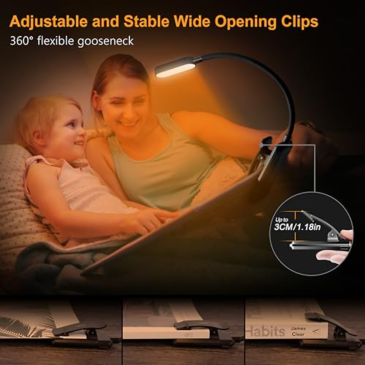 Gritin 16 LED Rechargeable Book Light for Reading in Bed- Eye Caring 3 Color Temperatures, Stepless Dimming Brightness, 80 Hrs Runtime, Lightweight Flexible Clip on Light for Book Lovers