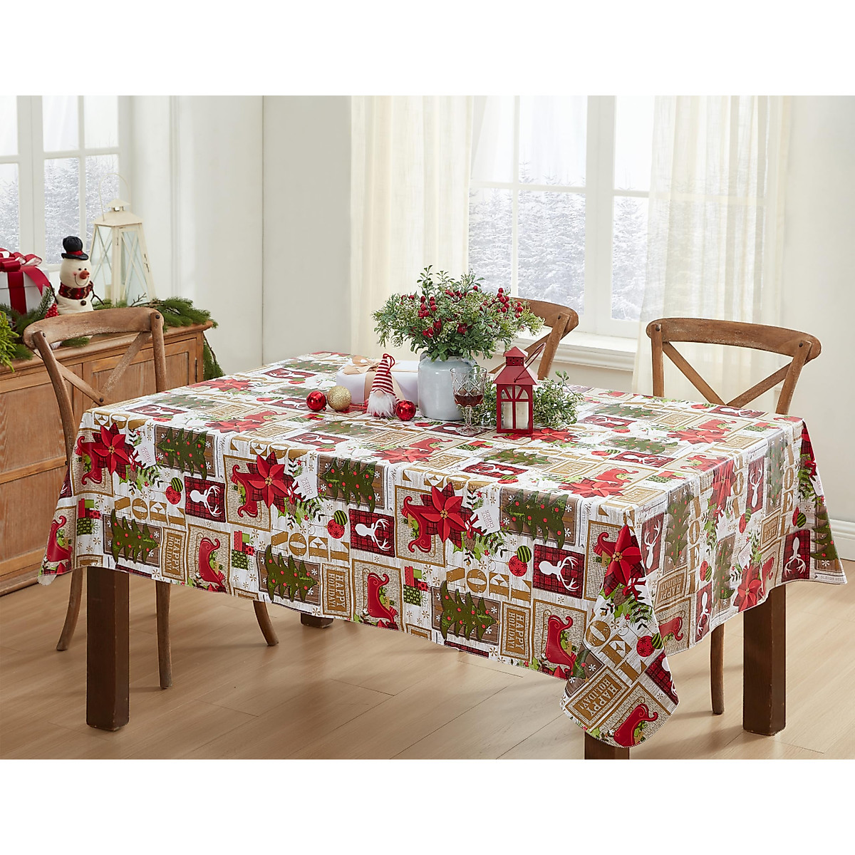 Newbridge Ivory Sleigh Bells Ring Country Rustic Vinyl Flannel Back Vinyl Christmas Tablecloth, Moose Antlers, Sleighs and Festive Xmas Wipe Clean Tablecloth, 60 Inch x 84 Inch Oblong/Rectangle
