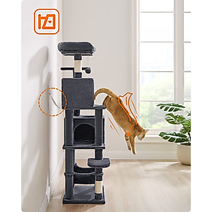 Feandrea Cat Tree, 61-Inch Cat Tower for Indoor Cats, Plush Multi-Level Cat Condo with 5 Scratching Posts, 2 Perches, 2 Caves, Hammock, 2 Pompoms, Smoky Gray UPCT192G01