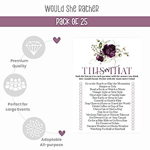 Purple Passion Bride Best Bridal Shower Games – 25 Pack, Wedding Would She Rather Fun Activity Ideas for Guests, Rehearsal, Couples, This or That Birthday Party Game Card Design