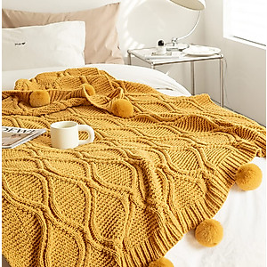 DONEUS Pom Pom Knit Blanket, Yellow Microfiber Soft Warm Handmade Knit Throw Blanket for Couch, Sofa, Chair, Office Super Soft Cable Knit Blankets -51x63 Inch