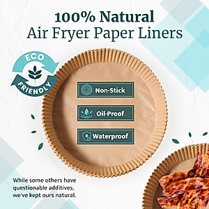 Kitchenific 100Pcs Air Fryer Liners Disposable 8 inch Round and 1 Air Fryer Magnetic Cheat Sheet - Airfryer Parchment Liners Bundle Set with a Cooking Times Chart Magnet for Enhanced Convenience