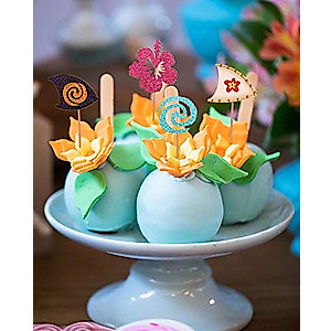 30 Pcs JeVenis Glittery Moana Inspired Cupcake Toppers Moana Cake Toppers Hawaiian Birthday Party Decoration for Tropical Luau Summer Party Baby Shower Wedding