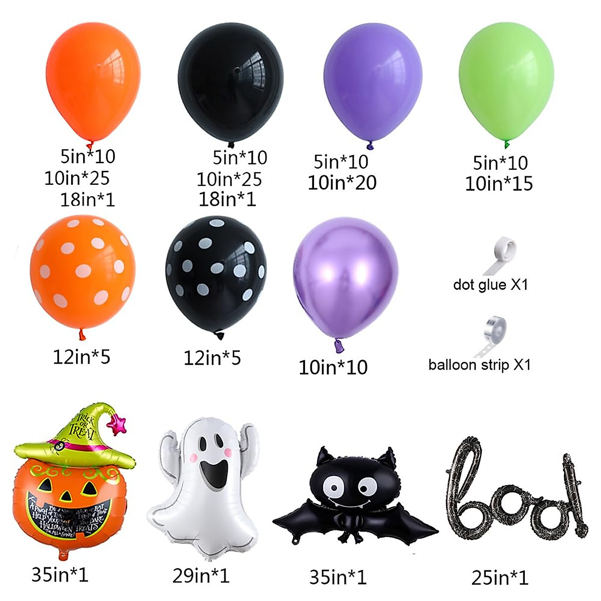 151PCS Halloween Balloon Arch Garland Kit, Black Orange Green Purple Balloons with Mylar Pumpkin Bat Ghost BOO Foil Balloon for Kids Home Halloween Background Birthday Party Decorations Supplies