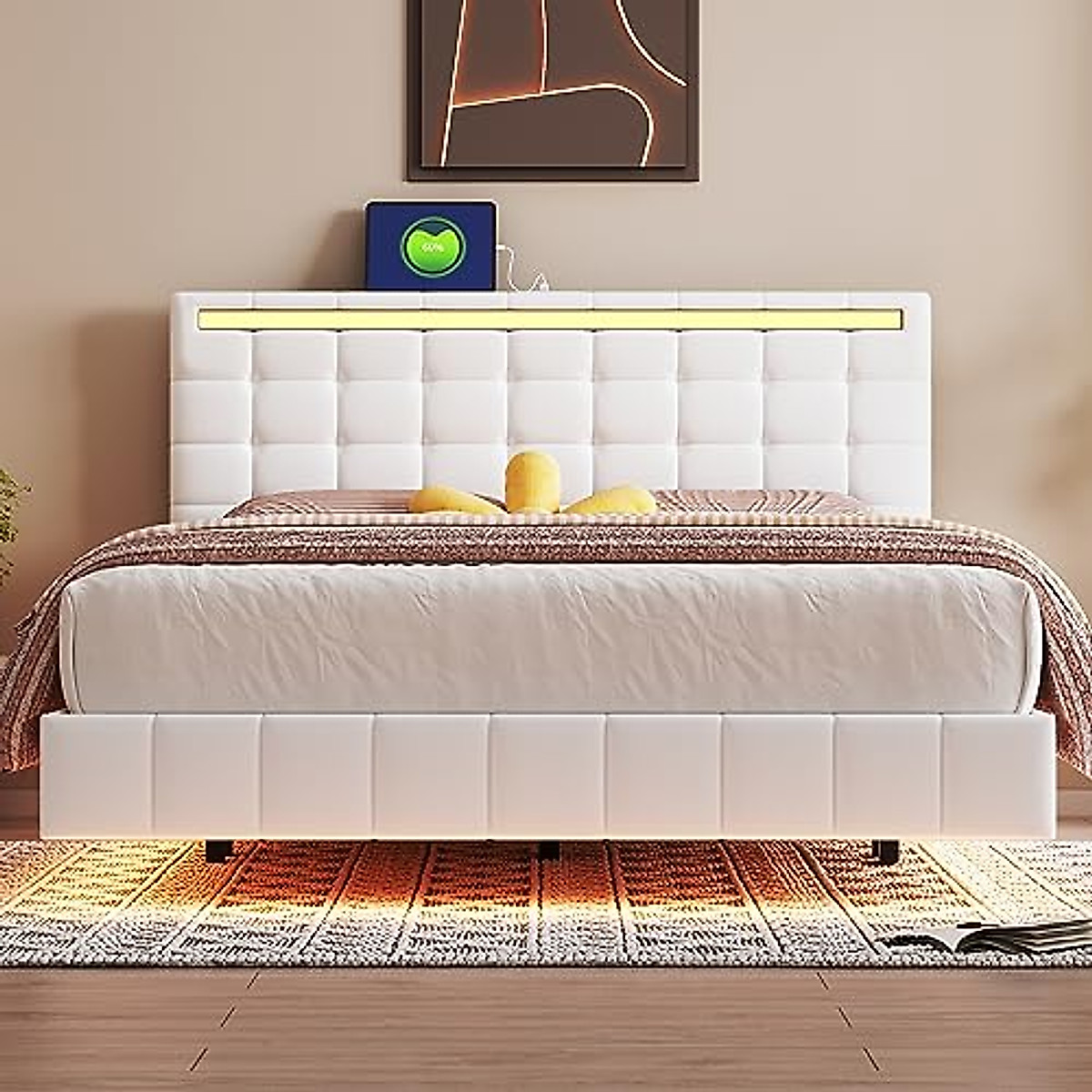 SIYSNKSI Modern Queen Upholstered Platform Bed with LED Lights, Floating Bed Frame with USB Charging and Headboard, Upholstered Platform Bed Frame for Kids Teens Adult Bedroom