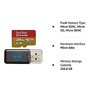SanDisk Extreme 256GB Micro SD Memory Card for GoPro Works with GoPro Hero 9 Black Camera UHS-1 U3 / V30 A2 4K Class 10 (SDSQXA1-256G-GN6MN) Bundle with 1 Everything But Stromboli MicroSD Card Reader