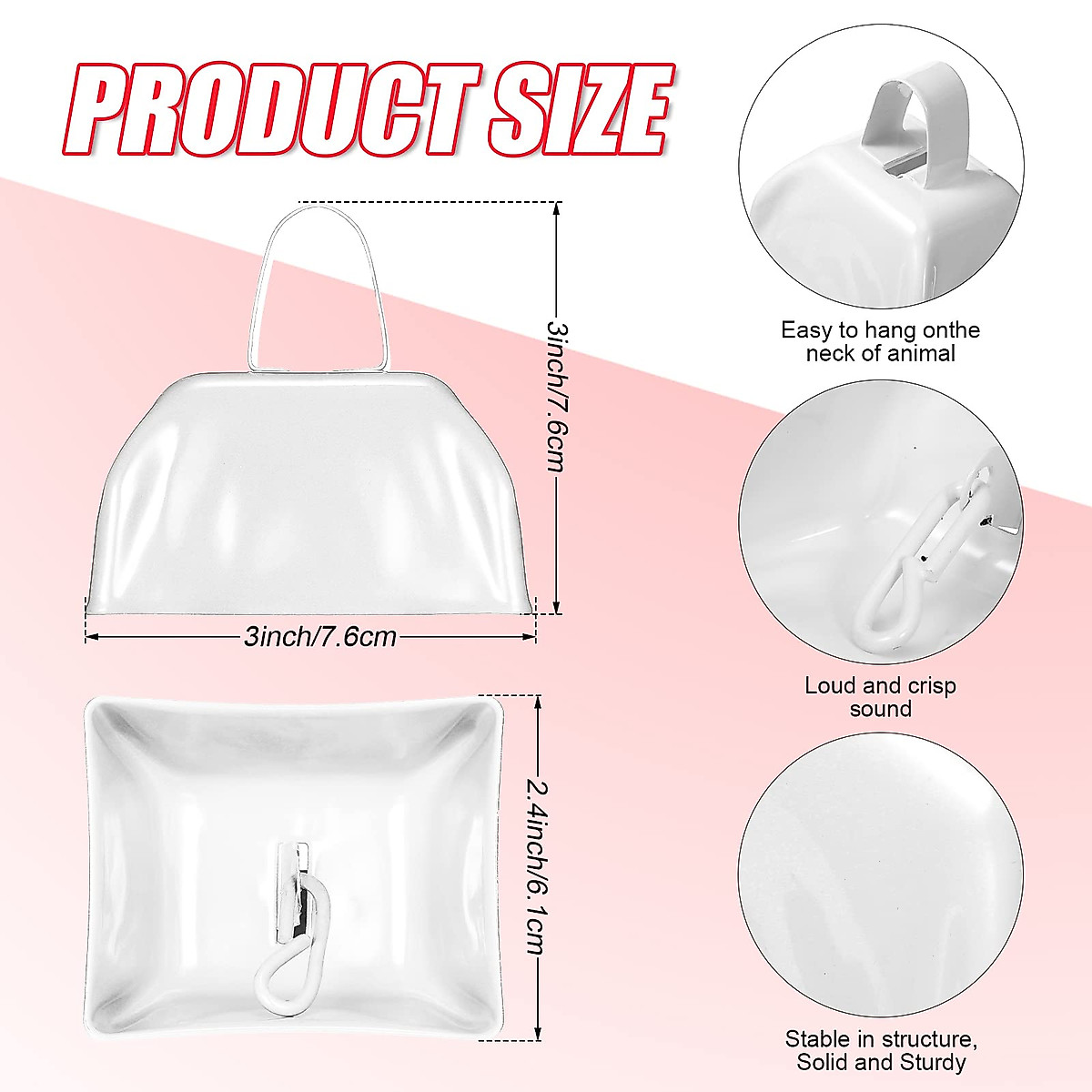 24 Pcs Metal Cowbell with Handle Cow Bells Noise Makers for Sporting Events Small Cow Bell Loud Bells Noisemaker Call Bells for Wedding Cheering Football Games, 3 x 2.8 x 2.5 Inch (White)