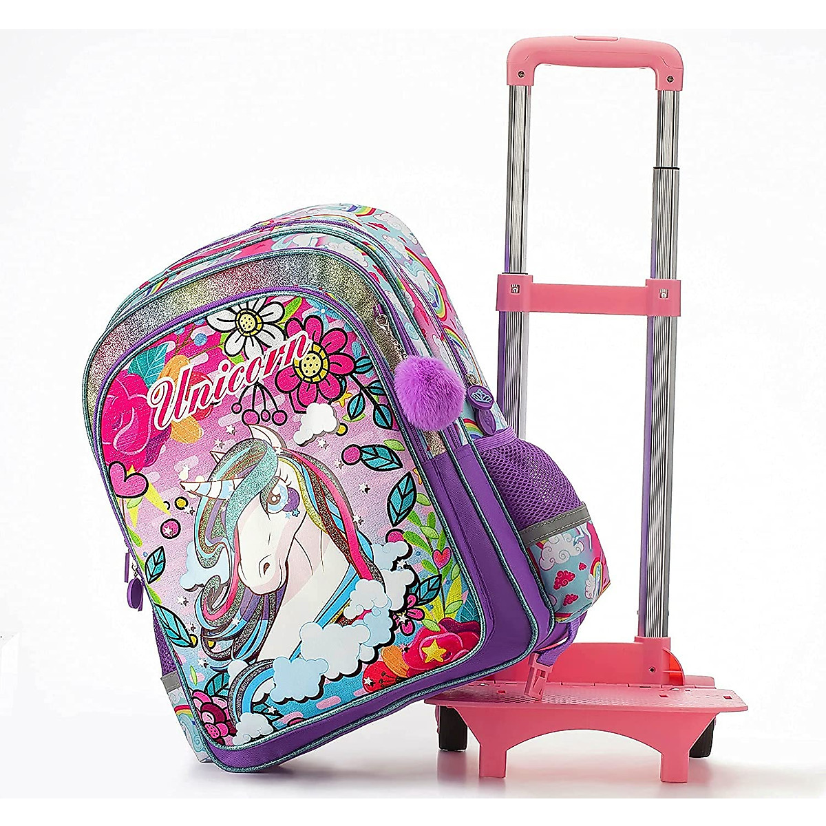 Egchescebo Kids Rolling School Backpack Bags for Girls With Wheels Trolley Roller Wheeled 5PCS With Lunch Box Cute Unicorn Pattern Rolling Backpacks Bags Girls Pink
