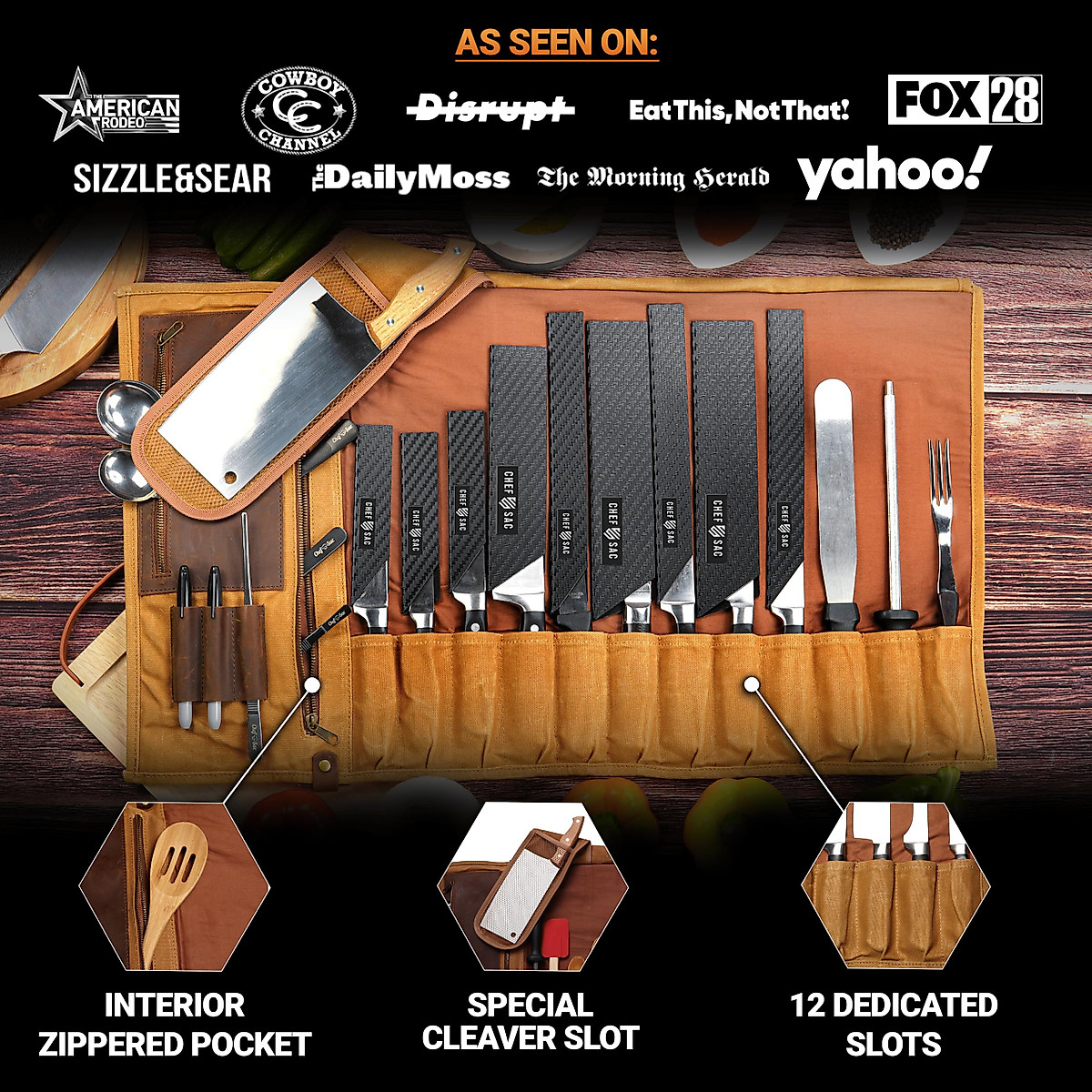 Chef Knife Roll Bag | 16oz ULTRA Wax Canvas & Top Grain Leather | 22 Slots & 4 Zipper Pouch | Double Stitch | Water-Resistant | Cleaver Pouch | Knife Organizer for Chefs and Culinary Students