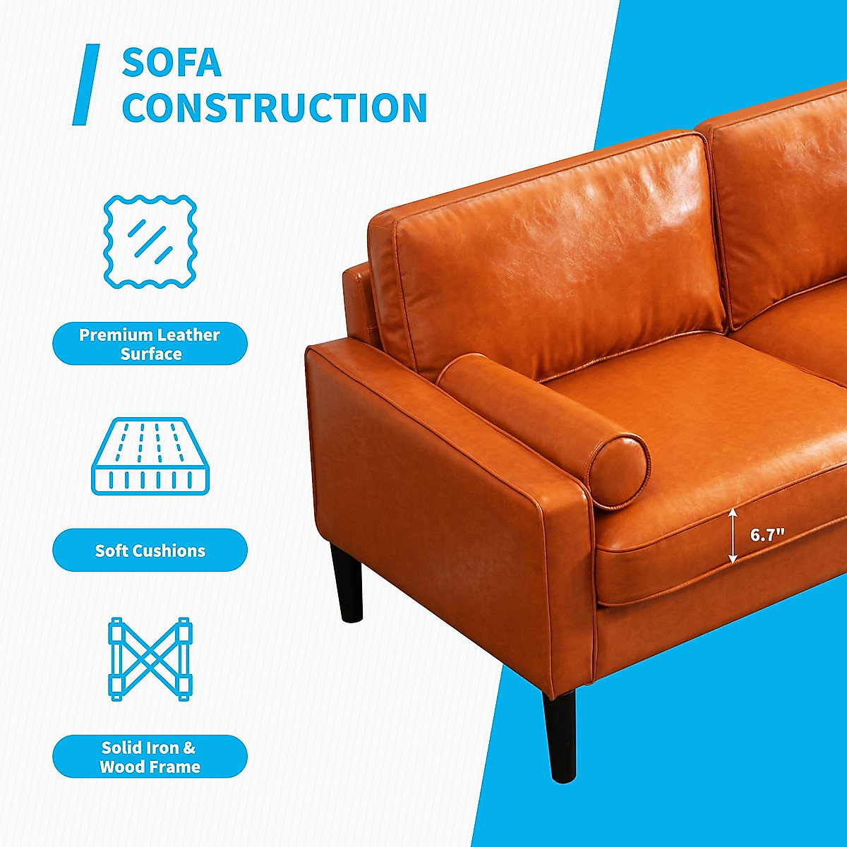 Mjkone 76" Upholstered 3 Seats Sofa, Cognac PU Leather 3-Seater Sofa Chair with Bolster Cushions, Faux Leather Brown Room Furniture, Modern Sectional Sofa Couch for Home Living Room/Apartment/Office